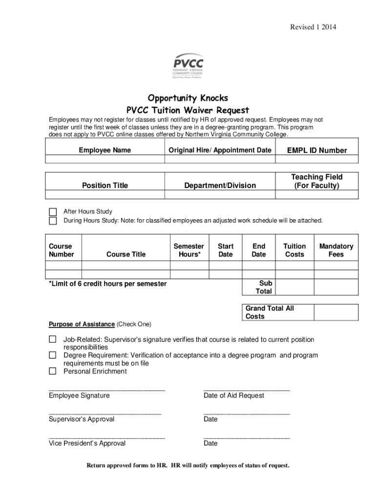 Fillable Online Opportunity Knocks PVCC Tuition Waiver Request Fax Email Print - pdfFiller