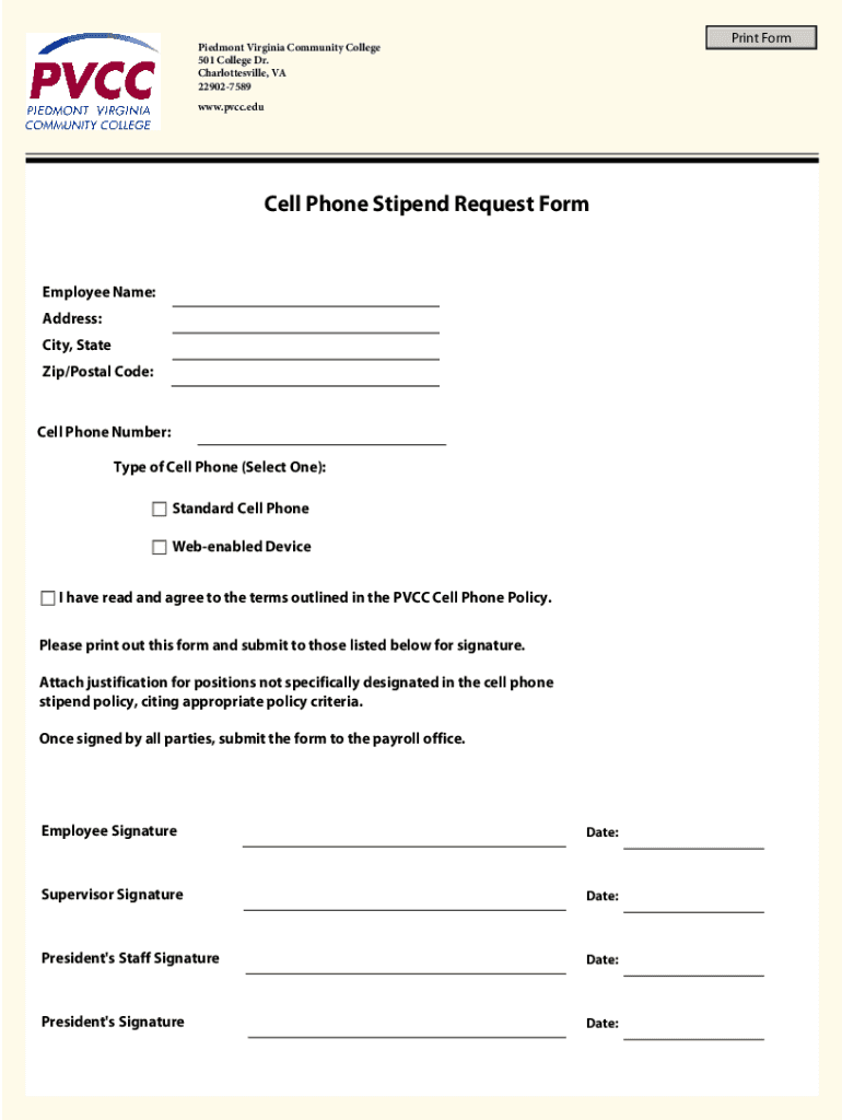 Fillable Online PVCC Cell Phone Stipend Request Form. Cell phone ...