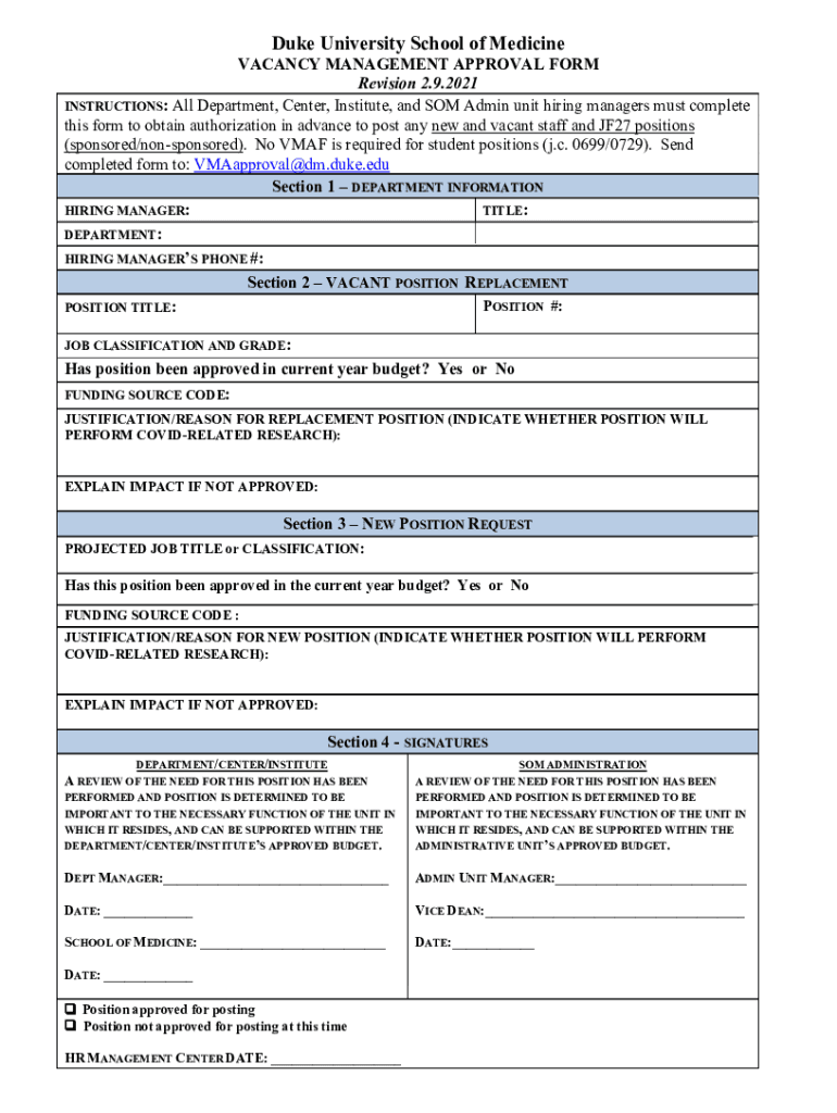 Fillable Online hr duke Vacancy Management Approval Form (School of ...