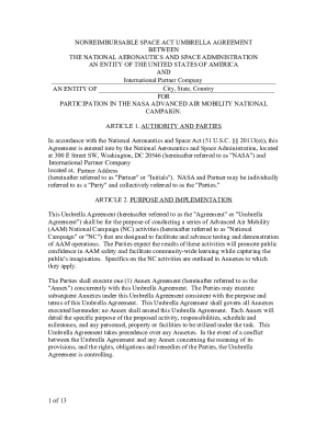 Fillable Online non-reimbursable space act umbrella agreement Fax Email Print - pdfFiller