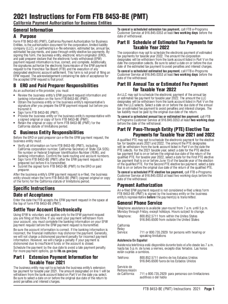 Fillable Online 2021 Instructions for Form FTB 8453-BE (PMT) California ...