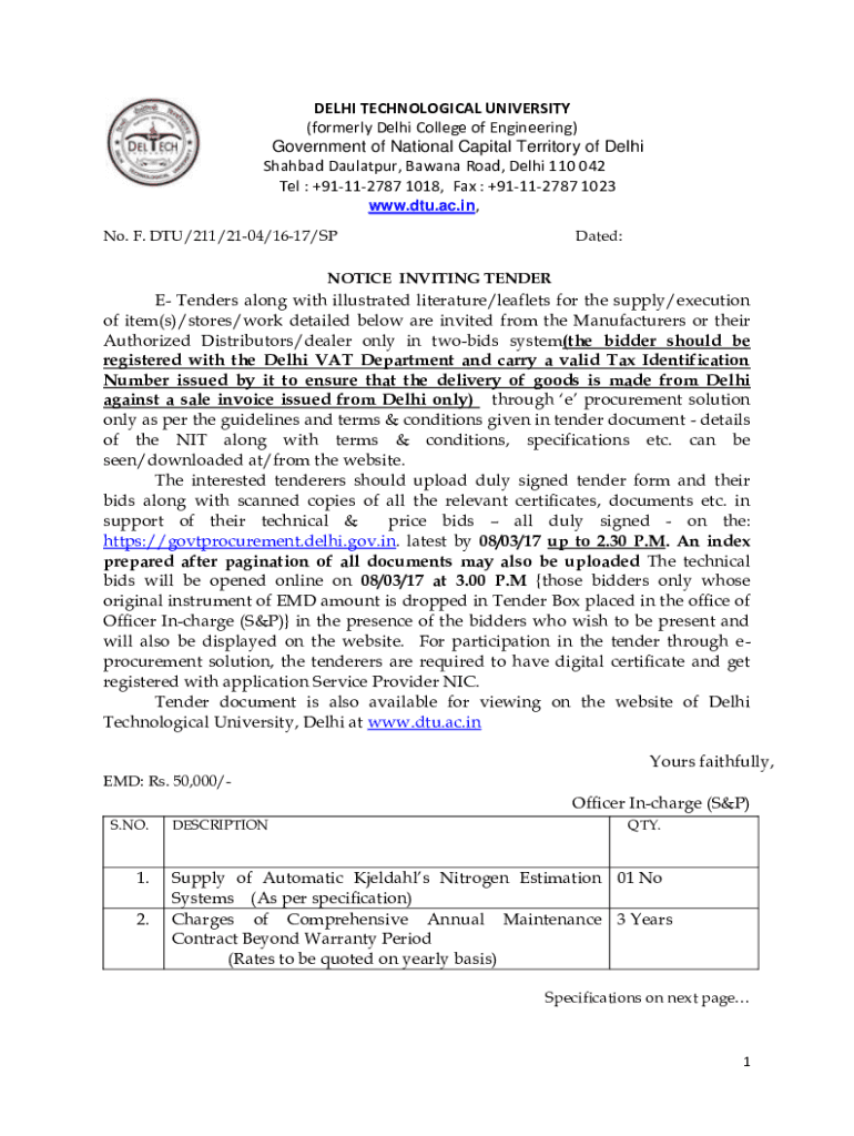 Fillable Online Delhi Technological University (DTU) - Government of ...