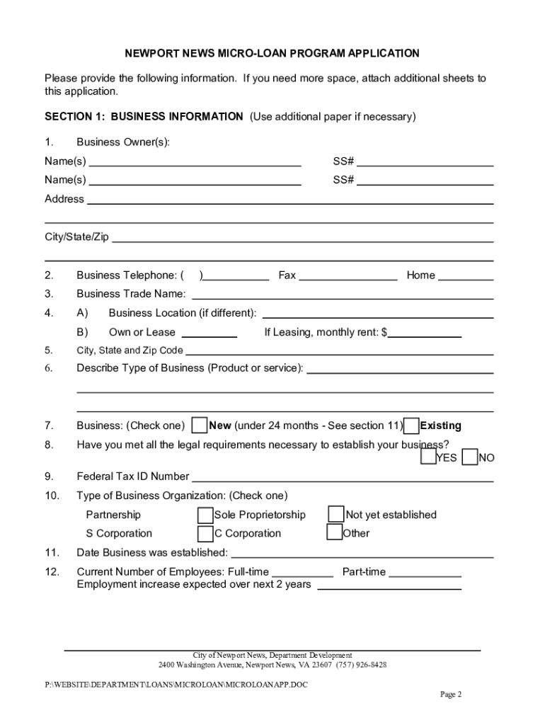 Fillable Online NEWPORT NEWS MICRO-LOAN PROGRAM How To Use This ... Fax ...