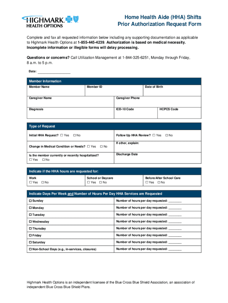 Fillable Online Home Health Aide (HHA) Shifts Prior Authorization ...