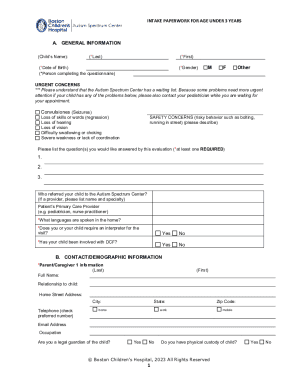 Fillable Online INTAKE PAPERWORK FOR AGE UNDER 3 YEARS A. GENERAL ...