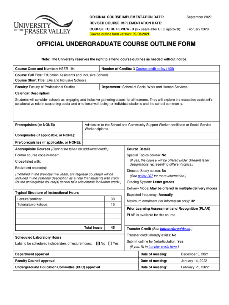 Fillable Online Course Code and Number: HSER 194 Fax Email Print - pdfFiller