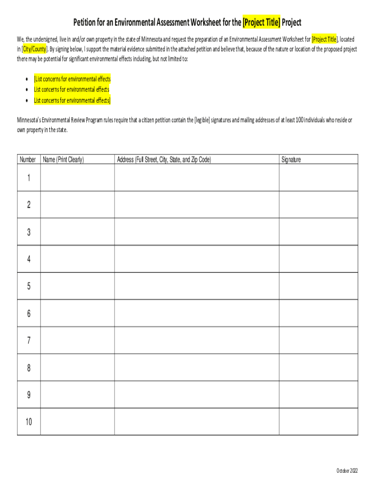 Fillable Online Petition for an Environmental Assessment Worksheet for ...