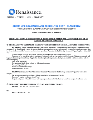 Fillable Online group life insurance and accidental death claim form ...