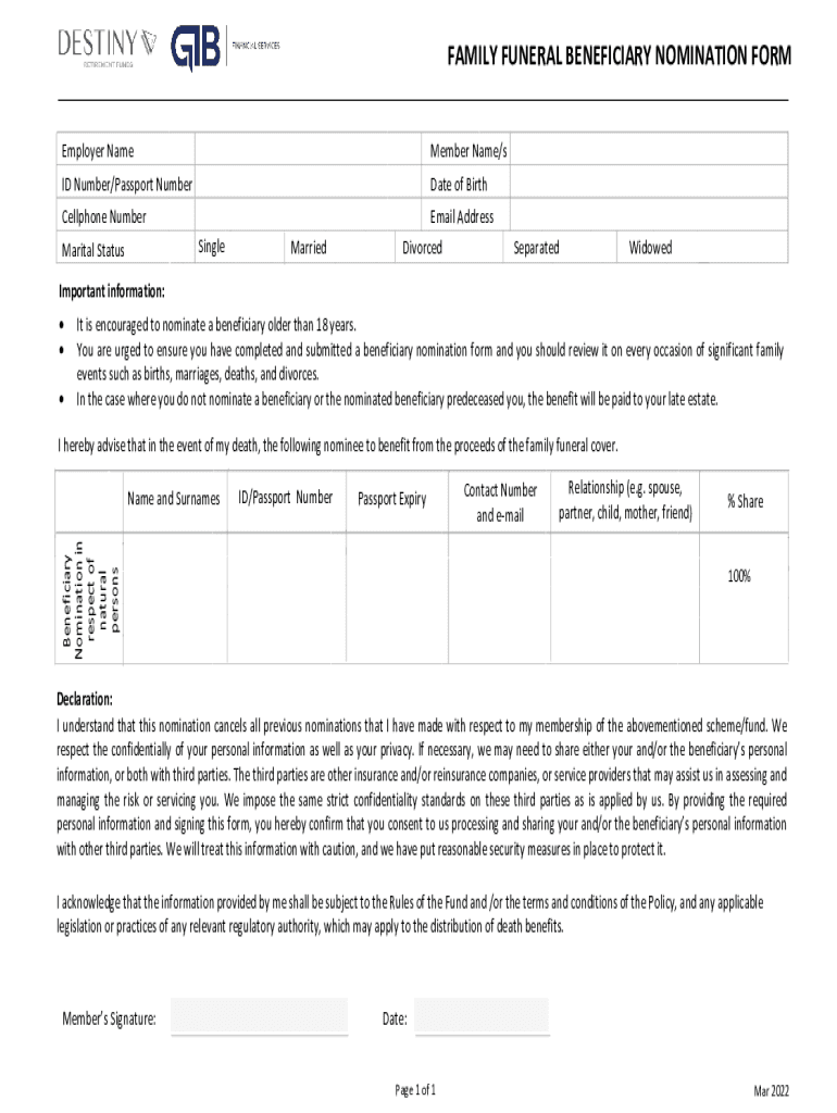 Fillable Online FAMILY FUNERAL BENEFICIARY NOMINATION FORM Fax Email ...