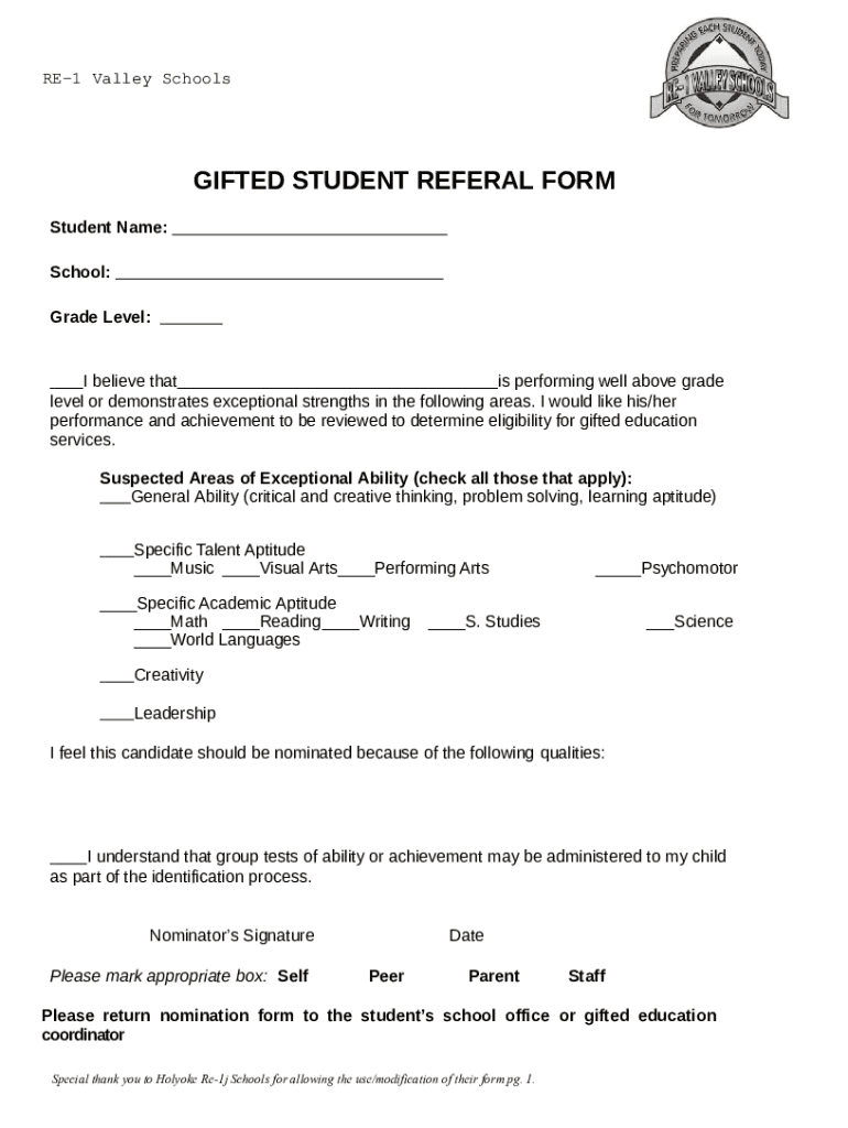 Fillable Online Gifted Referral Form from Holyoke Fax Email Print ...