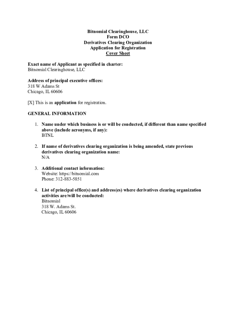 Fillable Online Form DCO Cover Sheet-Bitnomial Clearinghouse, LLC. Form ...