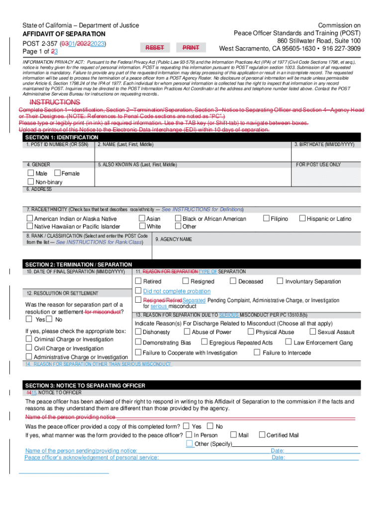 Fillable Online post ca 2-357 Affidavit of Separation Fax Email Print ...