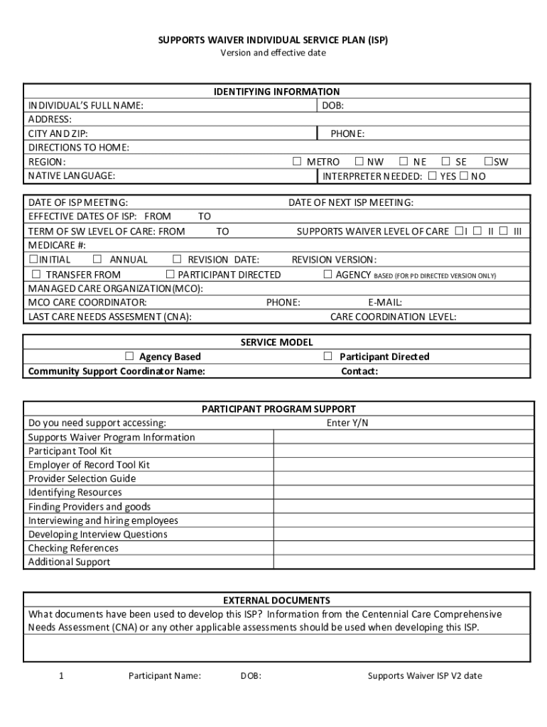 Fillable Online Services and FundingIndividual Support Plan (ISP ...