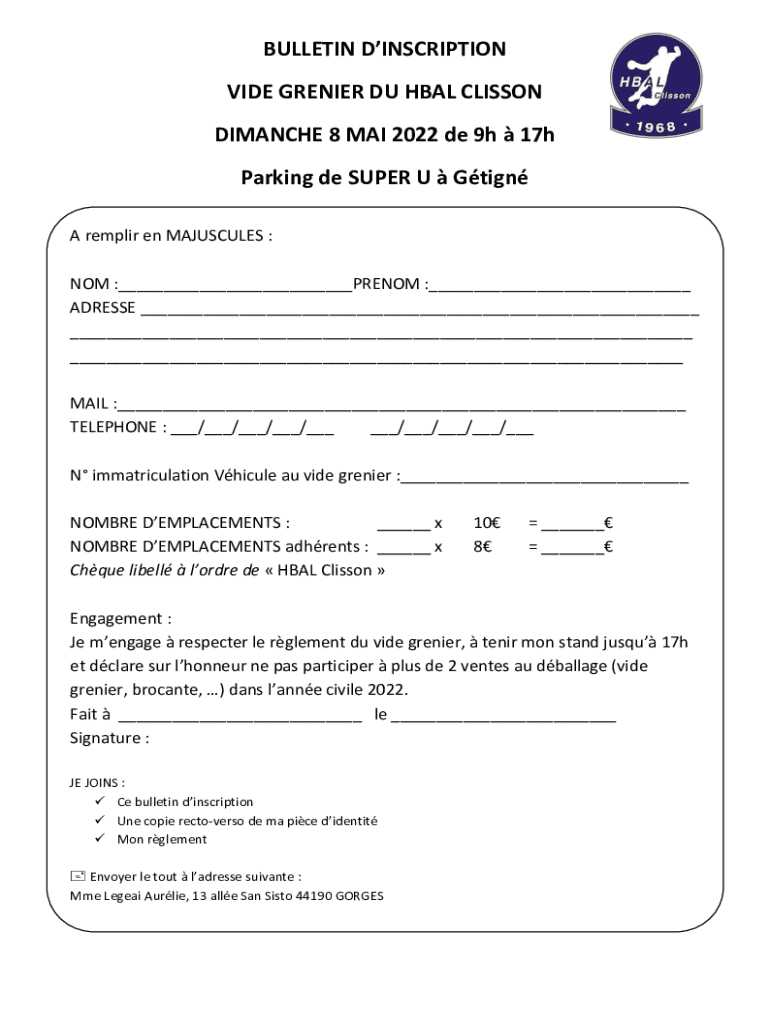 Remplissable En Ligne BULLETIN D'INSCRIPTION VIDE GRENIER DU HBAL ...