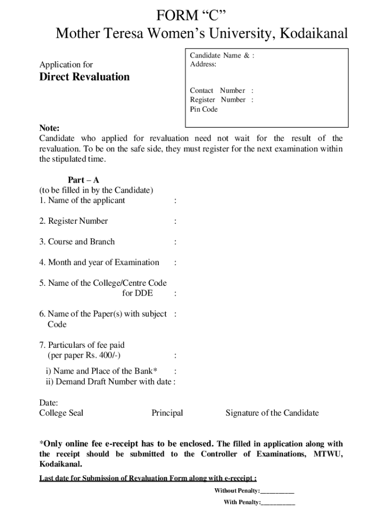 Fillable Online FORM C Mother Teresa Women's University, Kodaikanal Fax Email Print - pdfFiller