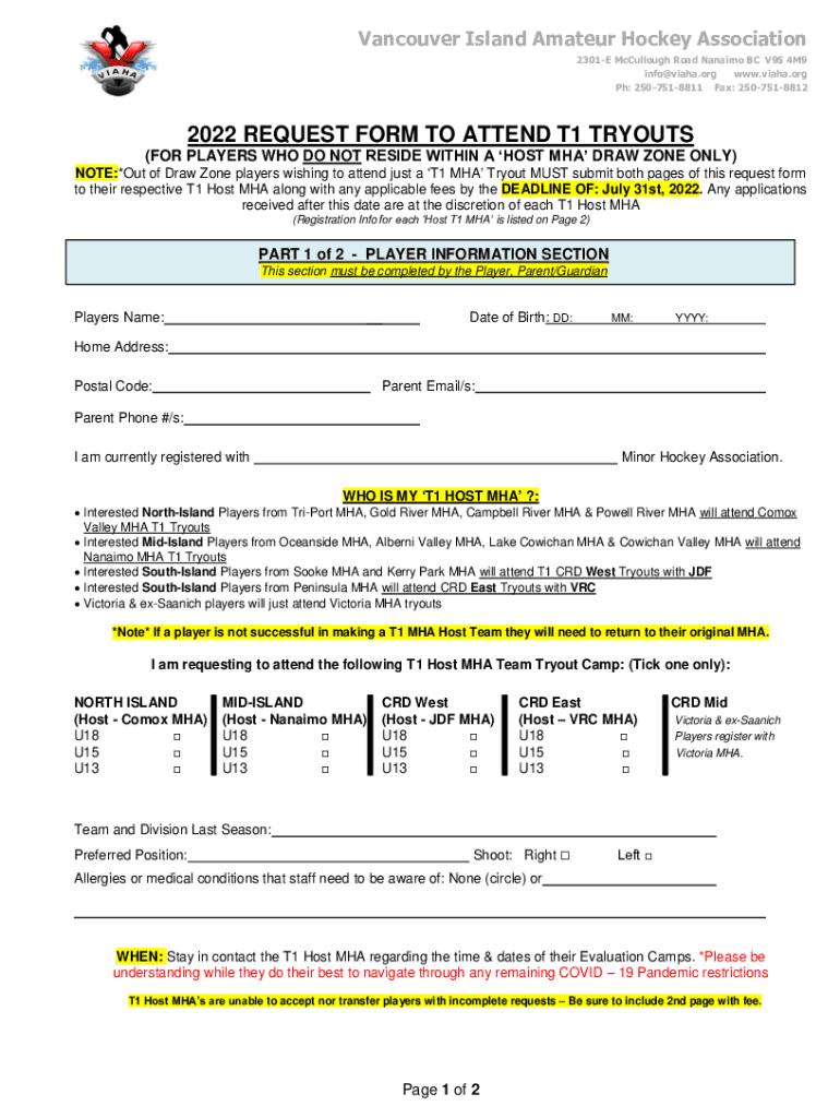 Fillable Online 2022 REQUEST FORM TO ATTEND T1 TRYOUTS Fax Email Print ...