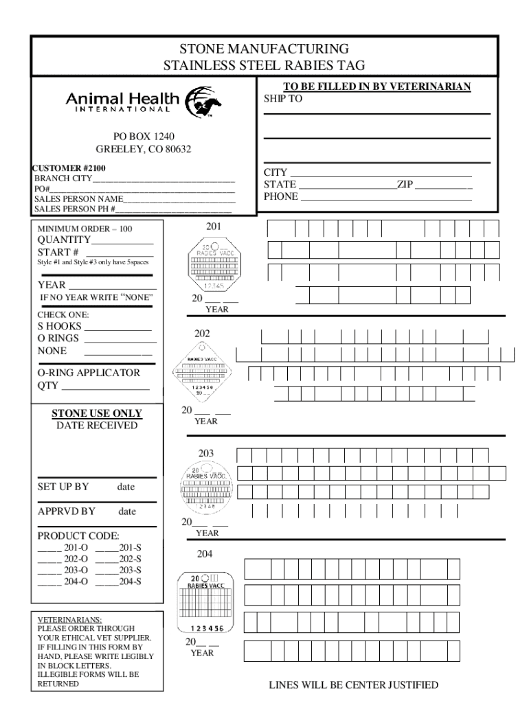 Fillable Online STONE MANUFACTURING STAINLESS STEEL RABIES ... Fax ...