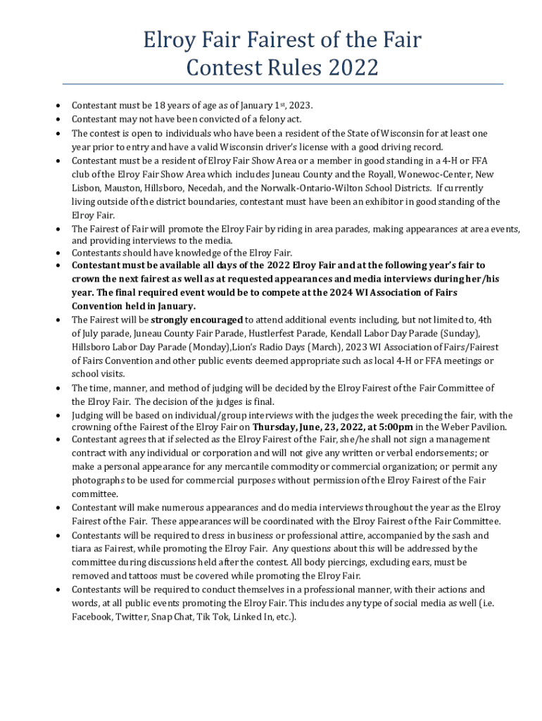 Fillable Online Elroy Fair Fairest of the Fair Contest Rules 2023 Fax ...