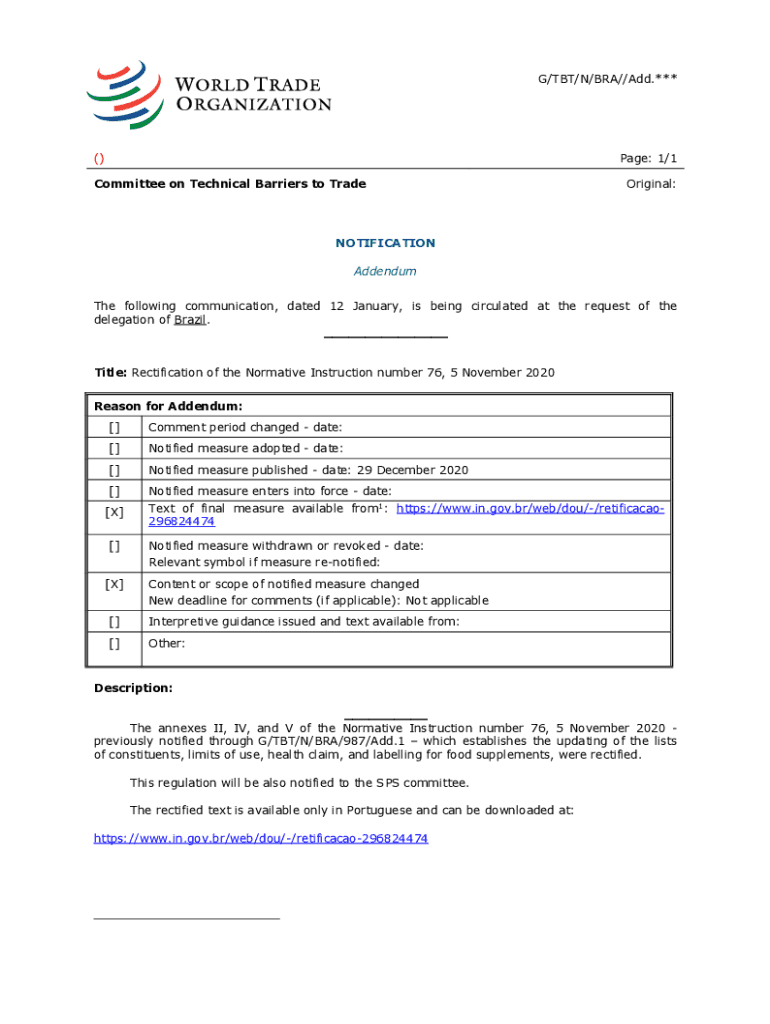 Fillable Online G/TBT/N/BRA/1106/Add.1 () Page Fax Email Print - pdfFiller