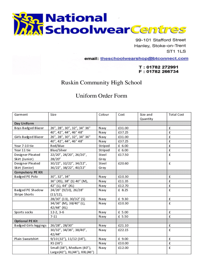 Fillable Online Ruskin Community High School Uniform Order Form Fax ...