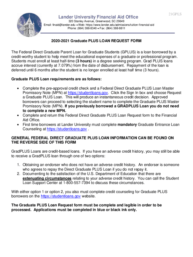 Fillable Online 2020-2021 Graduate PLUS LOAN REQUEST FORM Fax Email ...