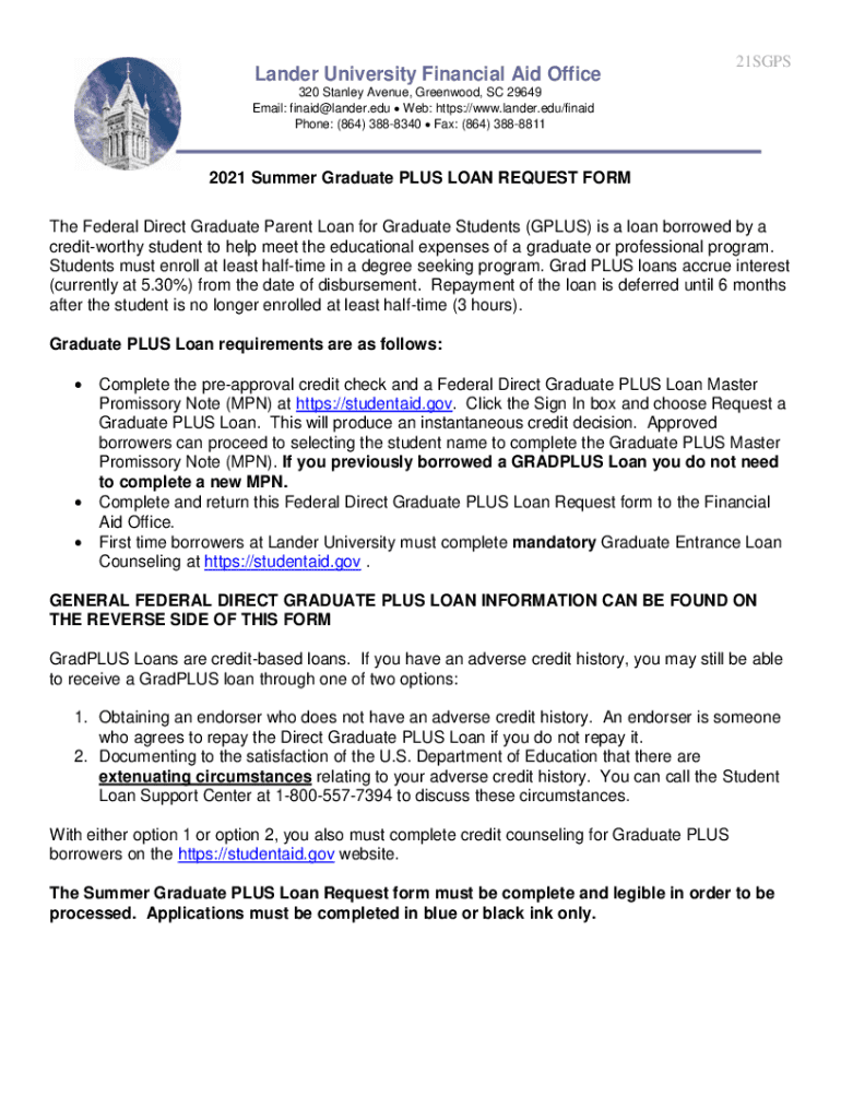 Fillable Online 2021 Summer Graduate PLUS LOAN REQUEST FORM Fax Email Print - pdfFiller