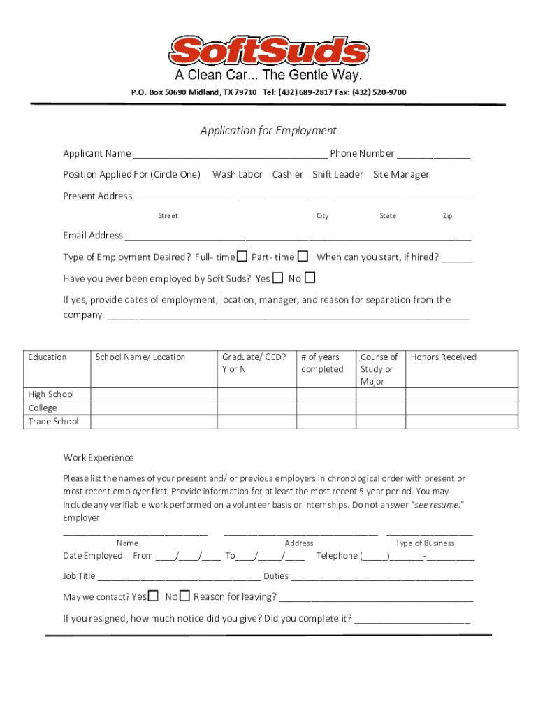 Fillable Online Soft Suds Application for Employment Fax Email Print ...