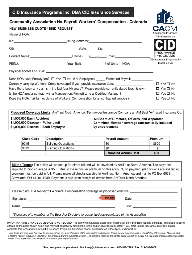 Fillable Online Community Association No-Payroll Workers Compensation ...