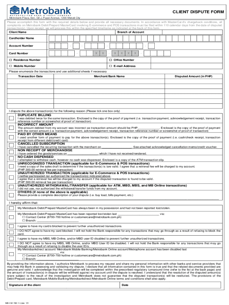 Fillable Online CLIENT DISPUTE FORM Metrobank Plaza Fax Email Print ...