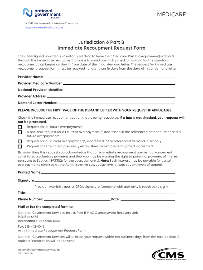 Fillable Online Jurisdiction 6 Part B Immediate Recoupment Request Form ...