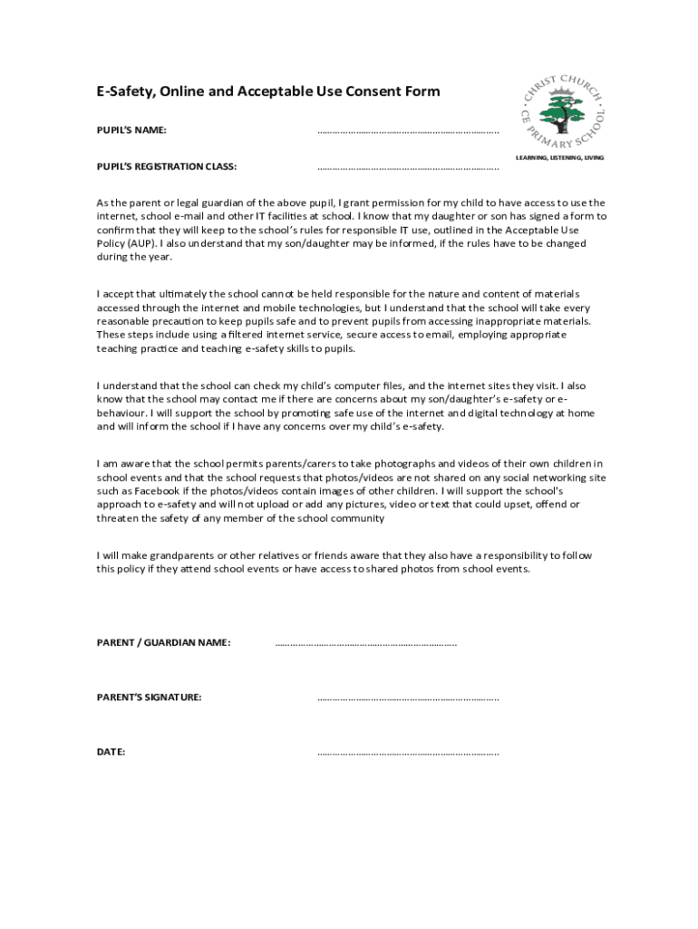 Fillable Online E-Safety, Online and Acceptable Use Consent Form Fax ...