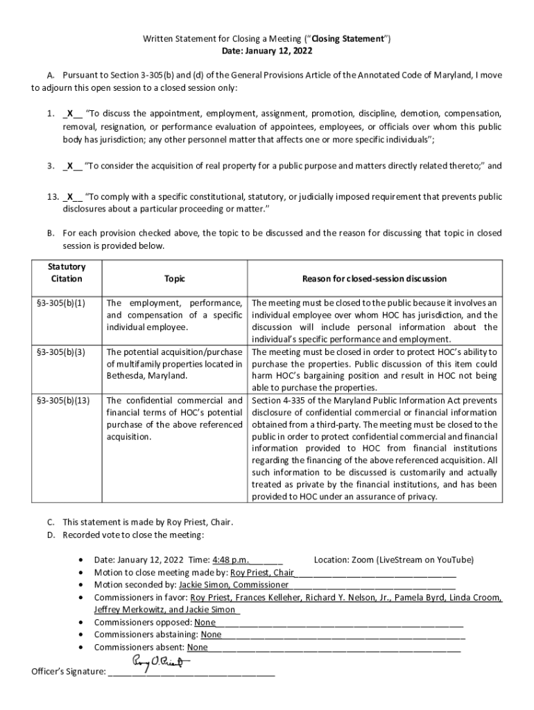 Fillable Online September 16, 2022 Executive Session Closing Statement ...