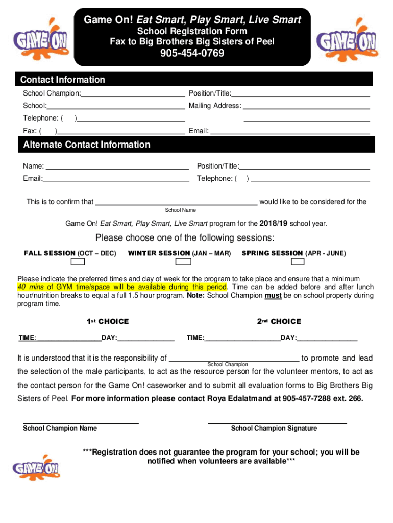 Fillable Online Game On! Eat Smart, Play Smart, Live Smart 905-454-0769 ...