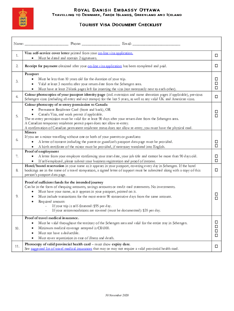 Fillable Online ROYAL DANISH EMBASSY DENMARK VISA CHECKLIST Fax Email ...