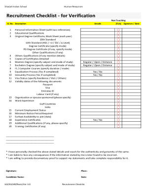 Fillable Online Recruitment Checklist - for Verification Fax Email ...