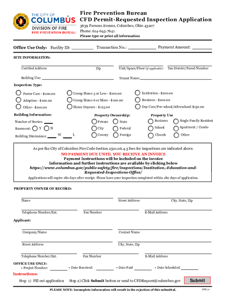 Fillable Online Fire Prevention Bureau CFD Permit-Requested Inspection ...