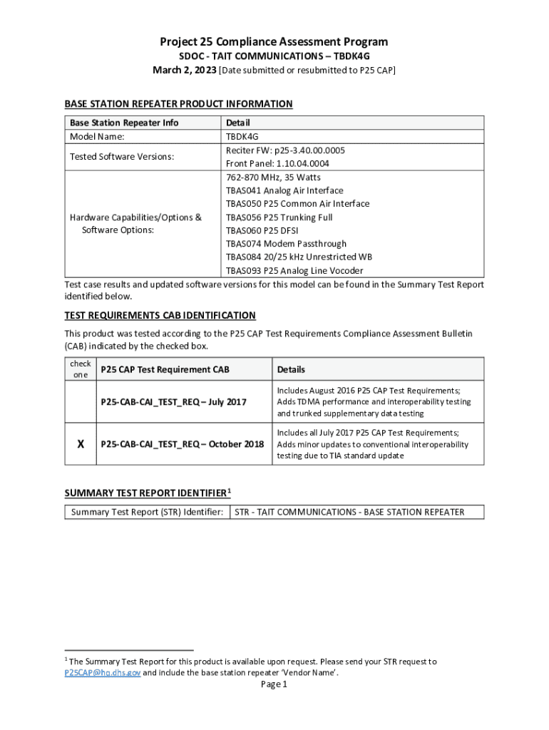 Fillable Online Project 25 Compliance Assessment Program SDOCTAIT COMMUNICATIONSTBDK4G. Project ...