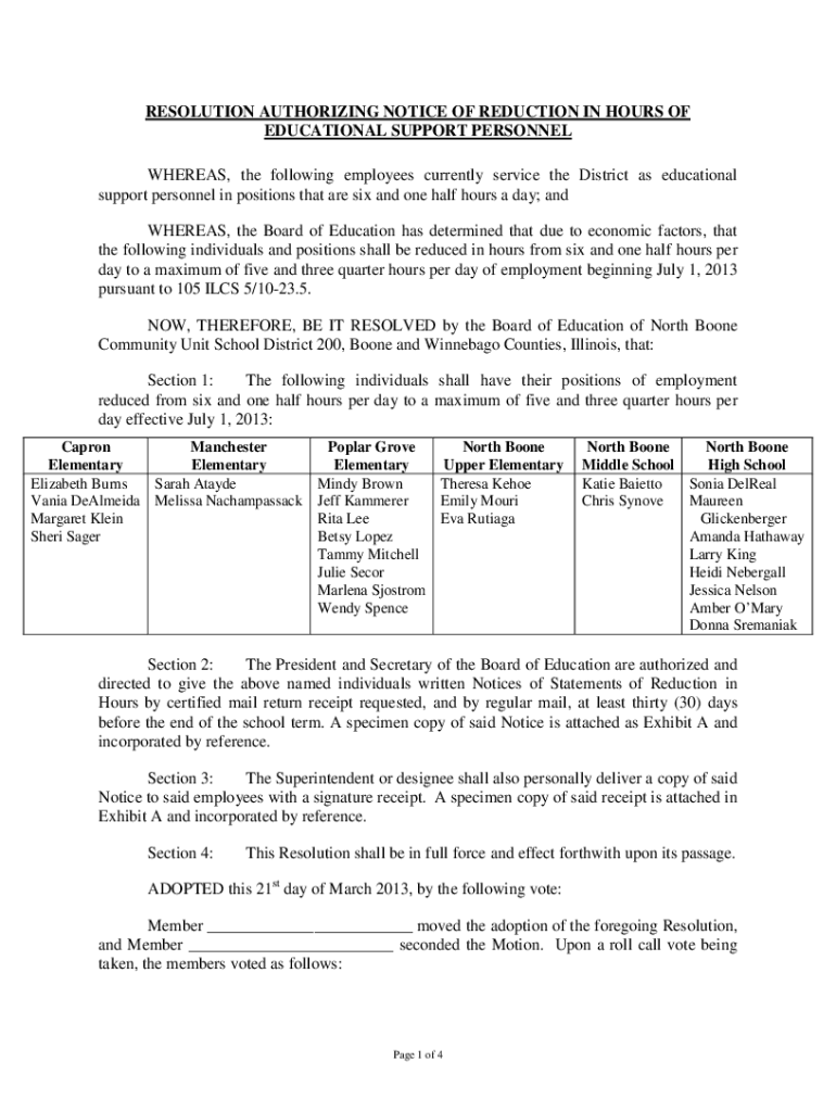 Fillable Online resolution authorizing notice of reduction in hours of ...
