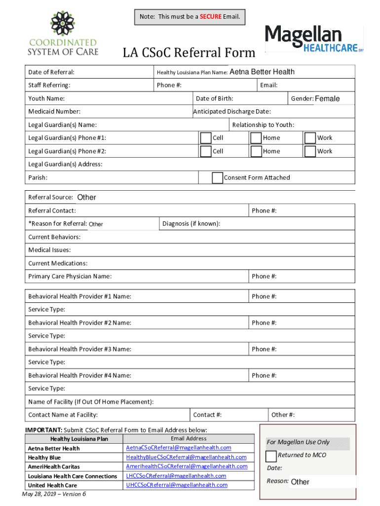 Fillable Online LA CSoC Referral Form Magellan of Louisiana Fax Email Print - pdfFiller