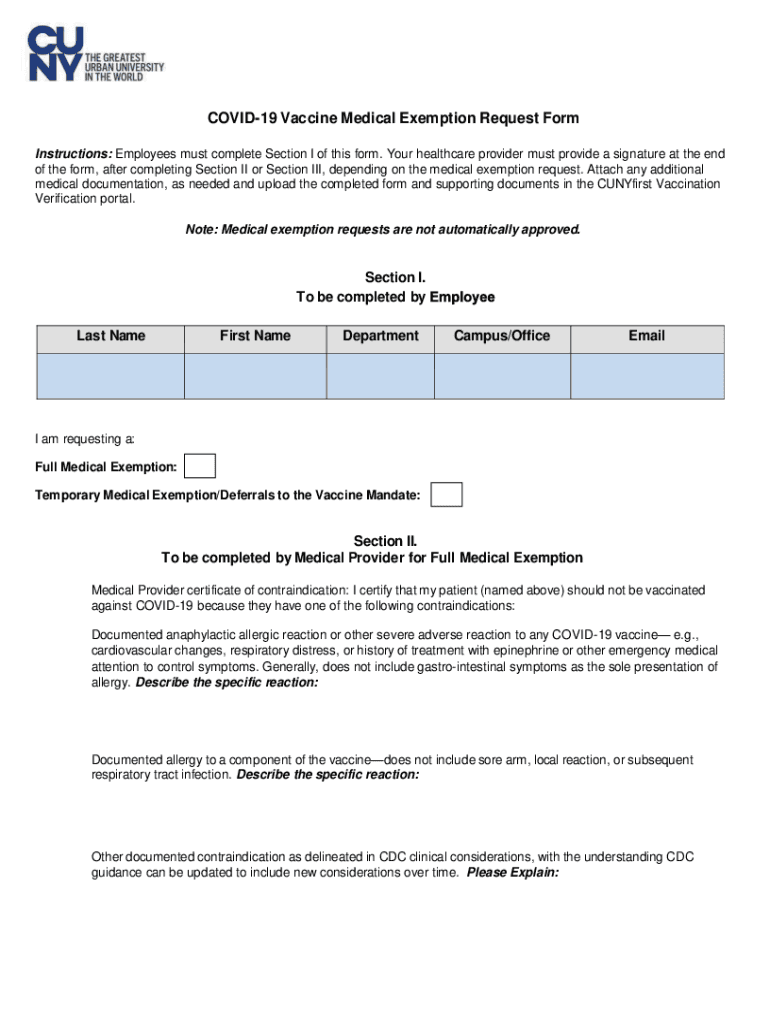 Fillable Online COVID-19 Vaccine Medical Exemption Request FormCUNY Fax ...