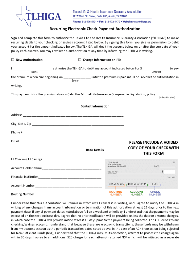 Fillable Online Recurring Electronic Check Payment Authorization PLEASE ...