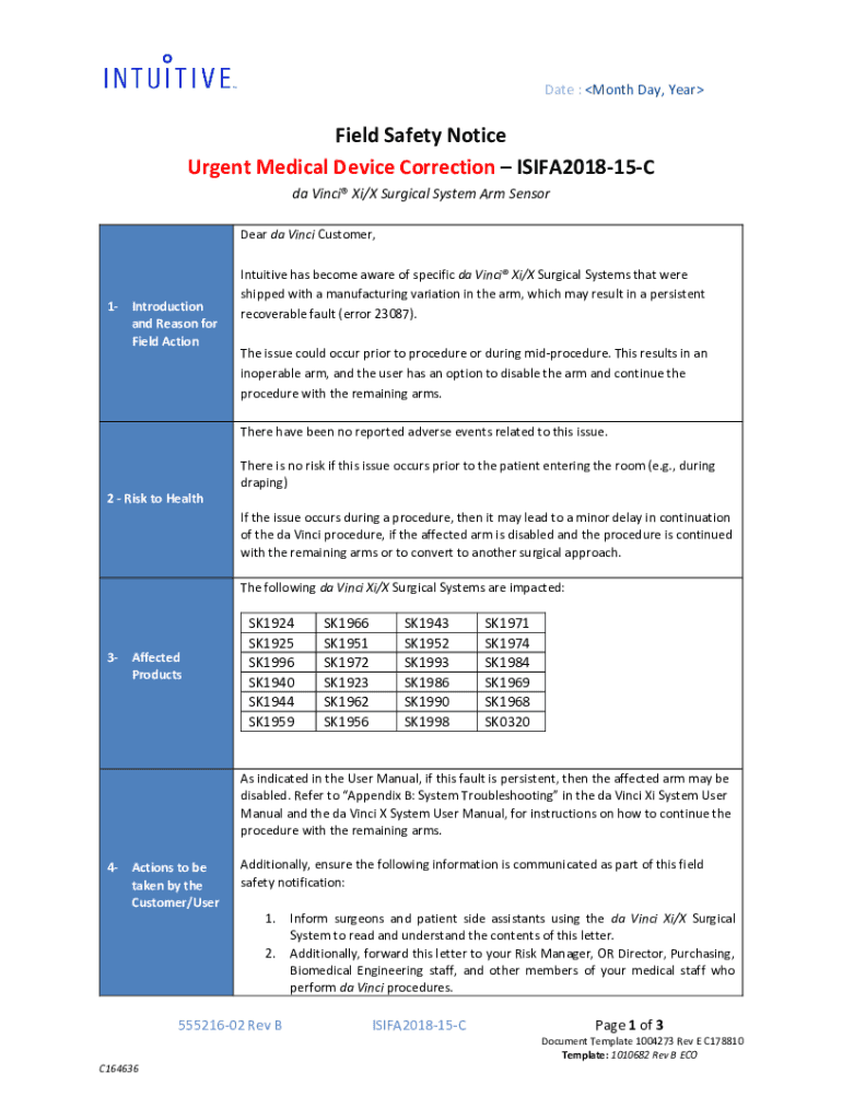 Fillable Online Class 2 Device Recall da Vinci Xi" Surgical System Fax Email Print - pdfFiller