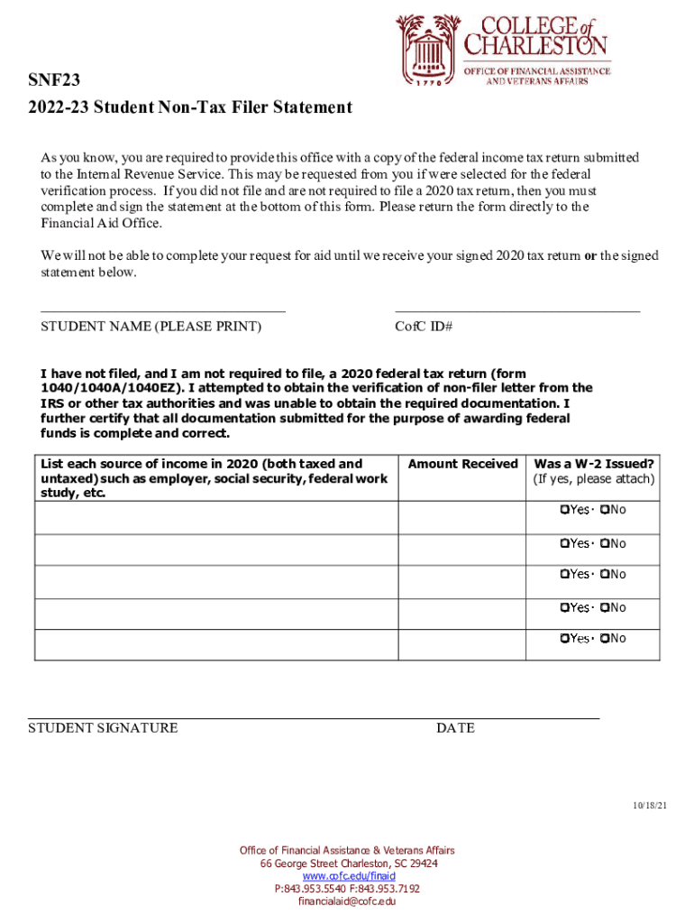 Fillable Online finaid cofc SNF23 2022-23 Student Non-Tax Filer ...