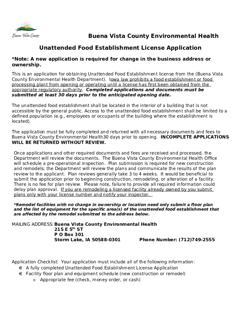 Unattended Food Establishment Application Doc Template | pdfFiller