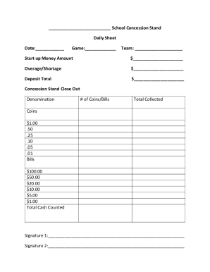 Fillable Online School Concession Stand Daily Sheet Date: Game: ... Fax ...