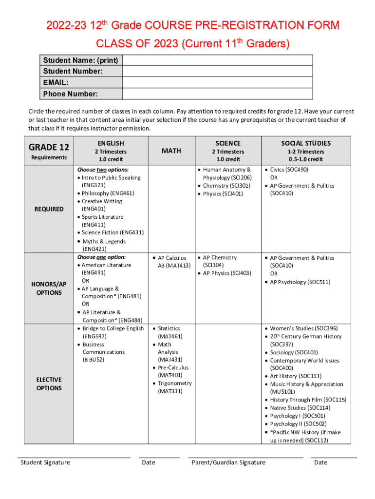 Fillable Online 2022-23 Pre-Registration Form for 12th Grade Class of ... Fax Email Print ...