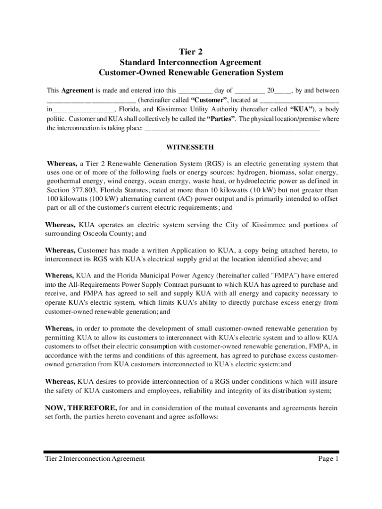 Fillable Online Tier 2 - Standard Interconnection Agreement for Customer- ... Fax Email Print ...