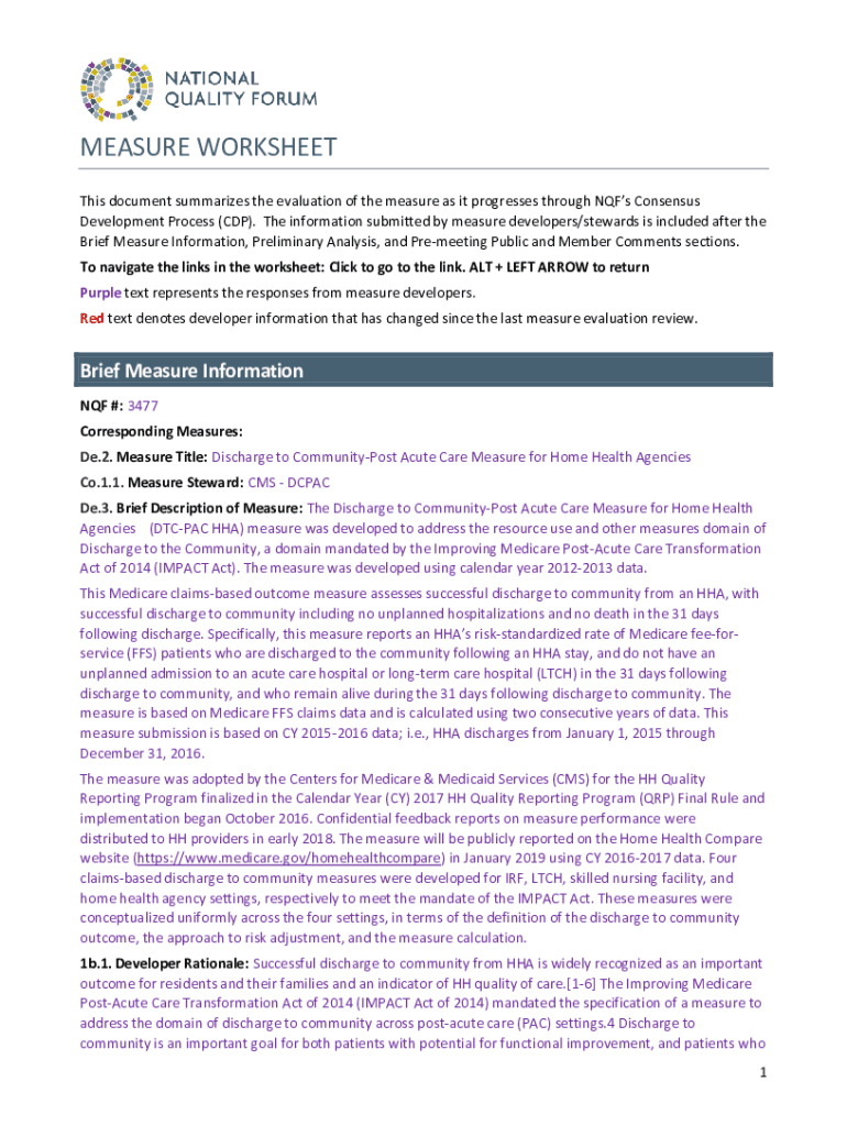 Fillable Online 3477 Discharge to Community-Post Acute Care Measure for ...