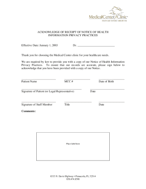 Fillable Online ACKNOWLEDGE OF RECEIPT OF NOTICE OF HEALTH ... Fax ...