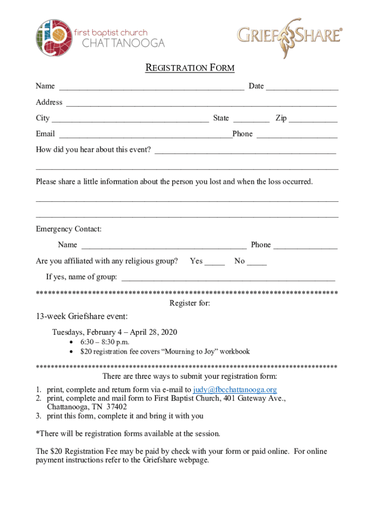 Fillable Online REGISTRATION FORM 13-week Griefshare event: Fax Email ...